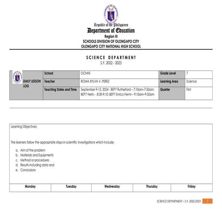 grade 7 daily lesson log based on matatag curriculum | PPT