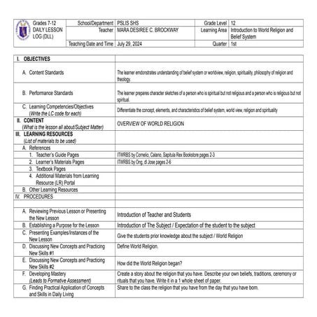 DETAILED LESSON PLAN FOR ANY SUBJECT AND COURSE | DOCX