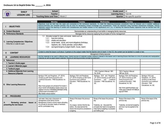 Lesson Plan TLE 6 Home Economics | DOCX