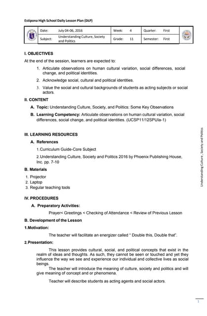 Lesson Plan Disciplines or branches of social sciences | PDF