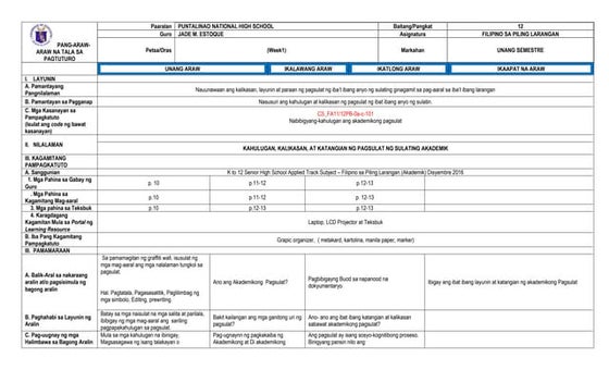 2nd Quarter DLL in Fillipino 8 -Linggo 2 | DOCX