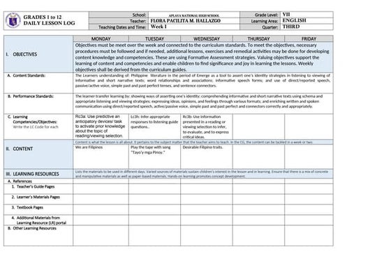 Detailed Lesson Plan for English 7 | DOCX | Food & Drink