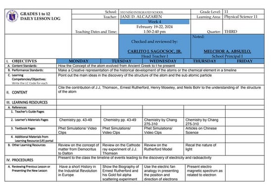 daily lesson log week 5 physical science | DOCX | Chemistry | Science