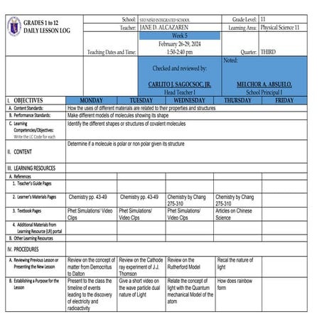daily lesson log week 5 physical science | DOCX