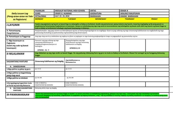 2nd Quarter DLL in Fillipino 8 -Linggo 2 | DOCX