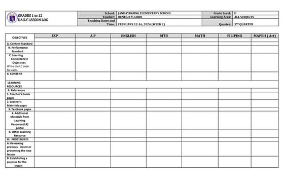 Daily Lesson Log Template for Deped Senior High School | DOCX