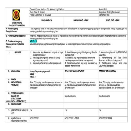 Daily lesson log for AP subject quarter 1 | DOCX