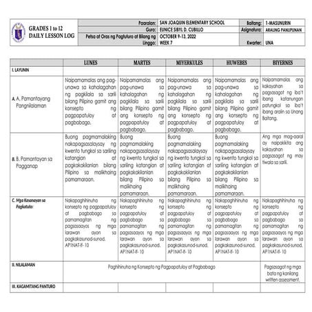 Daily Lesson Log in Araling Panlipunan Quarter 1 Week 7 | DOCX