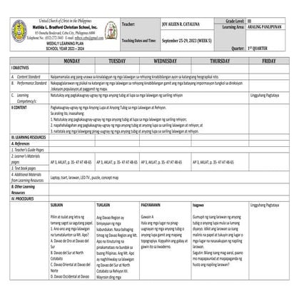 Daily Lesson Log of Araling Panlipunan Grade3 in Quarter 1, worksheet 5 | PDF