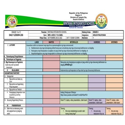 DLL AP8 wk5 for grade 6 elementary students | DOCX