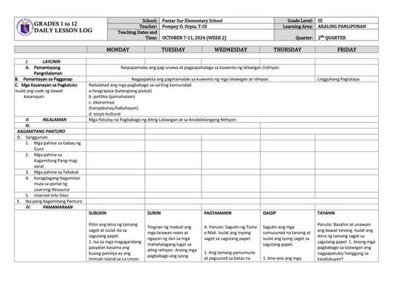 Daily Lesson Log of Araling Panlipunan Grade3 in Quarter 1, worksheet 5 | PPT