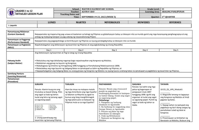 ARALING PANLIPUNAN GRADE 6 KONGRESO NG MALOLOS | PDF