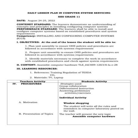 DAILY LESSON PLAN COMPUTER SYSTEM SERVICING | DOCX
