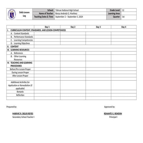 Daily Lesson Log BLANK. documents in tt | PPT