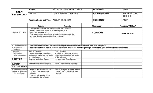 Grade 11 Earth & Life Science Lesson 1 | PPTX