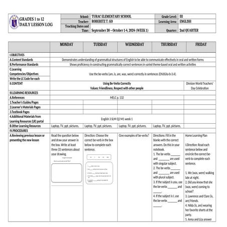 DAily Lesson Log_ Grade 3_English_Quarter 2_ Week 1 | DOCX