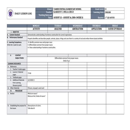 Proper Nouns and Common Nouns Detailed Lesson Plan | DOCX