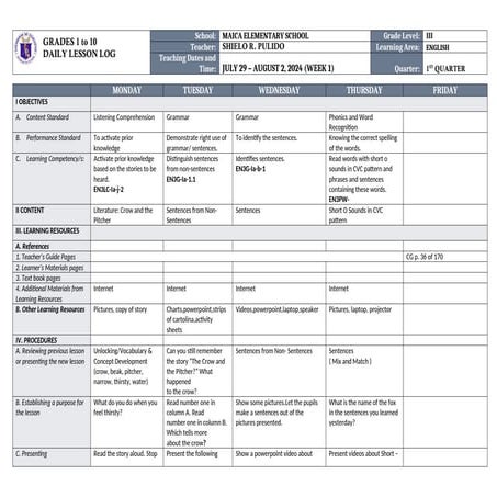 GRADE 3 DAILY LESSON ON ENGLISH 3 QUARTER 1 | DOCX