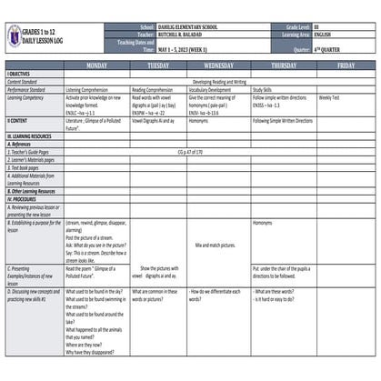 Daily Lesson Log for Grade 3 English Quarter 4 week 1 | DOCX