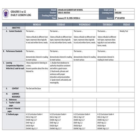 English Grade 5 Detailed lesson plan (Week __) | DOCX