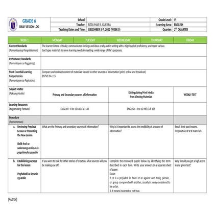 DLL ENGLISH6 WEEK 5 Q2.docx at santor elementary school | PPT