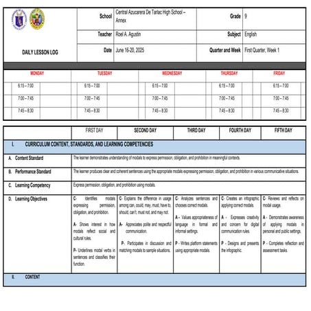 DETAILED LESSON LOG FOR ENGLISH - GRADE 9 | DOCX
