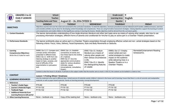 Daily Lesson Log English 10 Quarter 2 Lesson 1 | DOCX | Educational ...