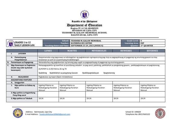 DLL EsP 10 2nd Quarter - Week 1 SY 23-24 | DOCX