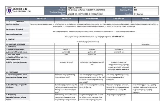 Daily Lesson Log ESP 6 Quarter 2 Week 1. | DOCX