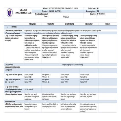Daily lesson Plan ESP 6 Quarter1 Week1 | DOCX