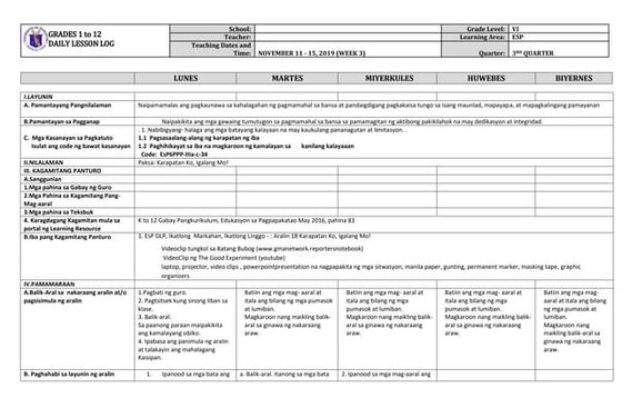 Daily Lesson Log ESP 6 Quarter 2 Week 1. | DOCX