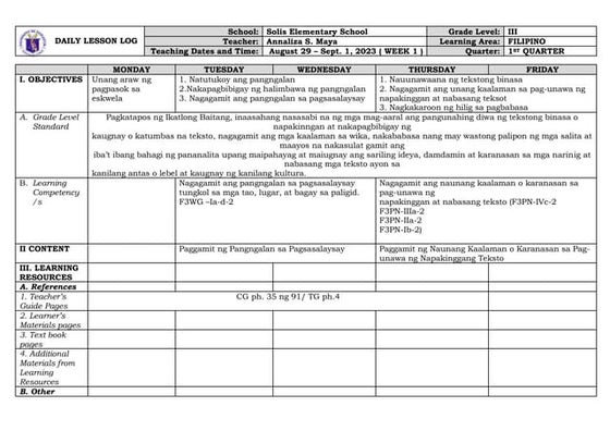 GRADE 4 FILIPINO LESSON PLAN | PDF
