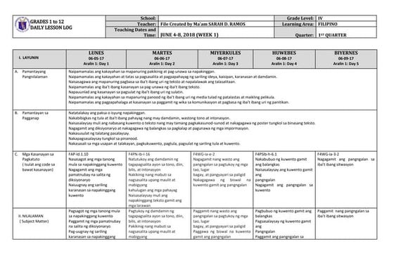 Lesson Plan in Filipino & Practice Teaching Portfolio | DOCX