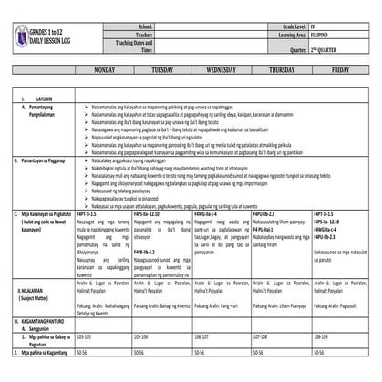 K to 12 filipino complete objectives & subject matter | DOCX