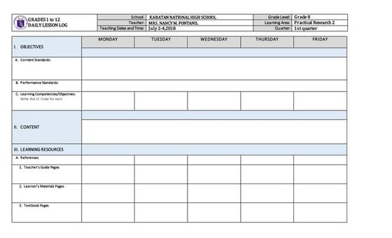 Daily Lesson Log Template for Deped Senior High School | DOCX
