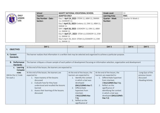 Week 1 Lesson Log for ALS | PDF | Educational Assessment | Education