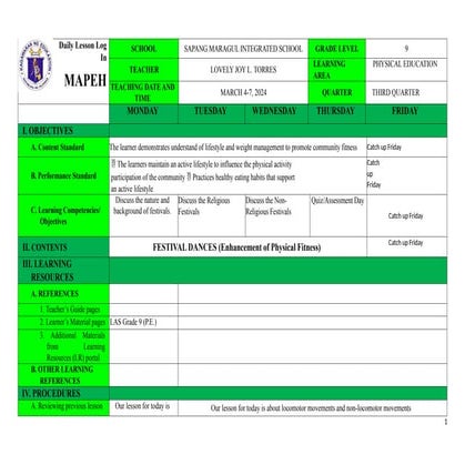 Daily Lesson Log On Grade 9 Physical Education and Health | DOCX