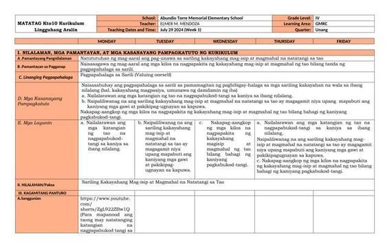 GMRC 4LESSON PLAN MATATAG CURRICULUM SY 2024-2025 | DOCX