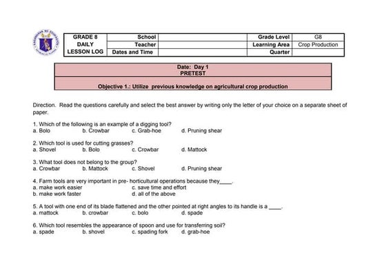 Quarter 2_LE_TLE 7_Lesson 1_Week ink 1.pdf | Agriculture | Industries