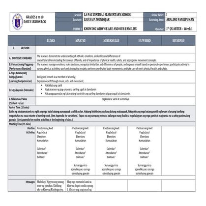 DLL Matatag Kindergarten Quarter 1 Week 1 | DOCX