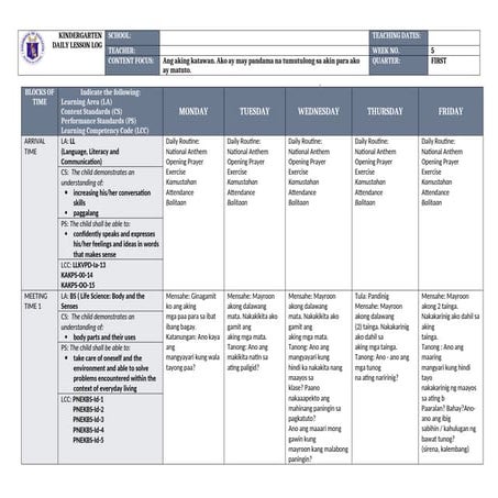 Daily Lesson Log - Kindergarten Week five | PPT