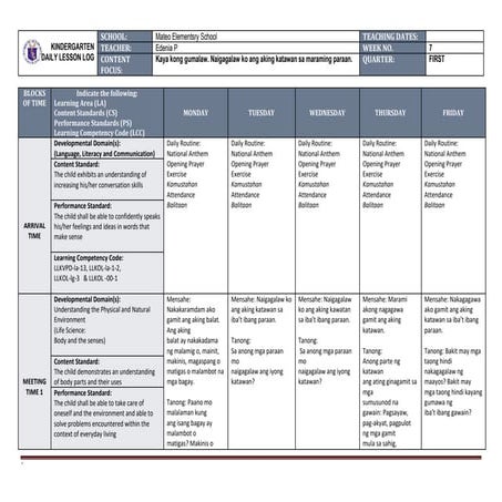 Daily Lesson Log _Week 1 Second Quarter (KIndergarten) | PPT