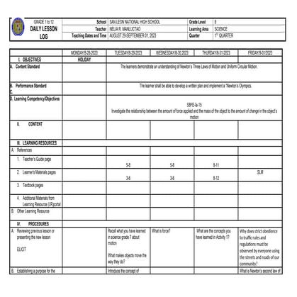 Science 6-Quarter 3 Daily Lesson Log Week 5 | DOCX