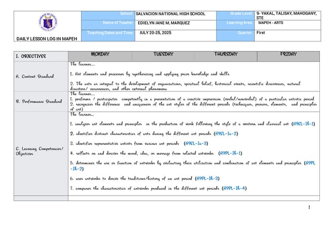 Q1 grade 9 arts dll week 1 | DOCX