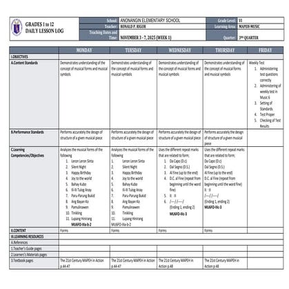 Music Grade 6 3rd Quarter learning plandocx | DOCX