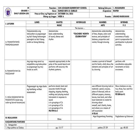 Daily Lesson Log in Music, Arts, PE and Health | DOCX