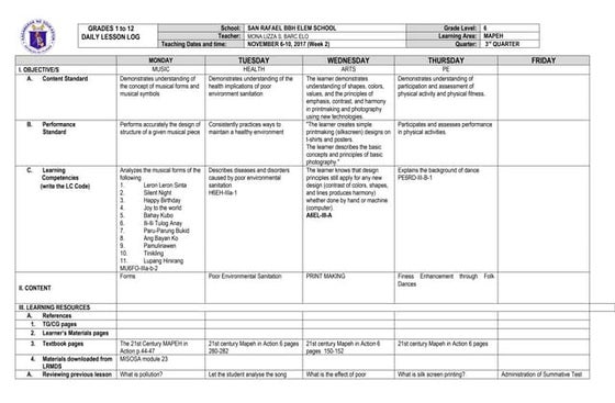 Daily Lesson Log Mapeh Quarter one Week one | PPT