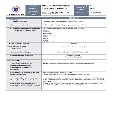 Music detailed lesson plan | DOCX