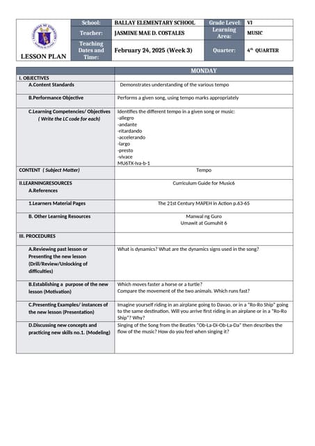 MAPEH Daily Lesson Log school year .docx