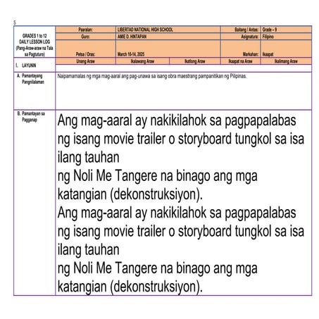 daily lesson log sa Filipino 9 quarter 4 | DOCX